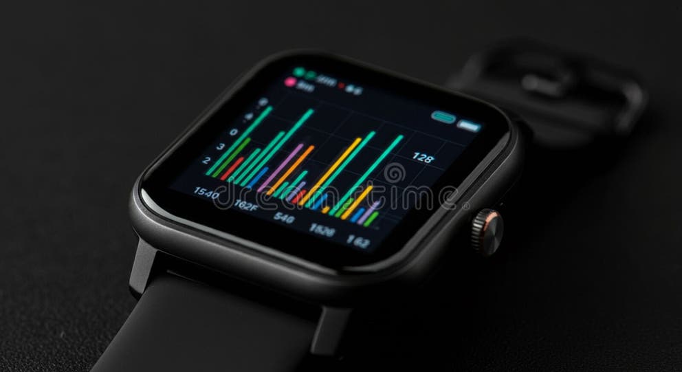 A Smartwatch Featuring a Rectangular Black Case and Strap Displays a ...