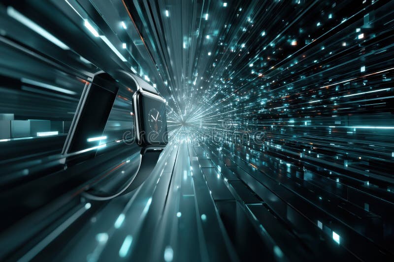 Smartwatch Floating in an Abstract Digital Tunnel of Glowing Data ...