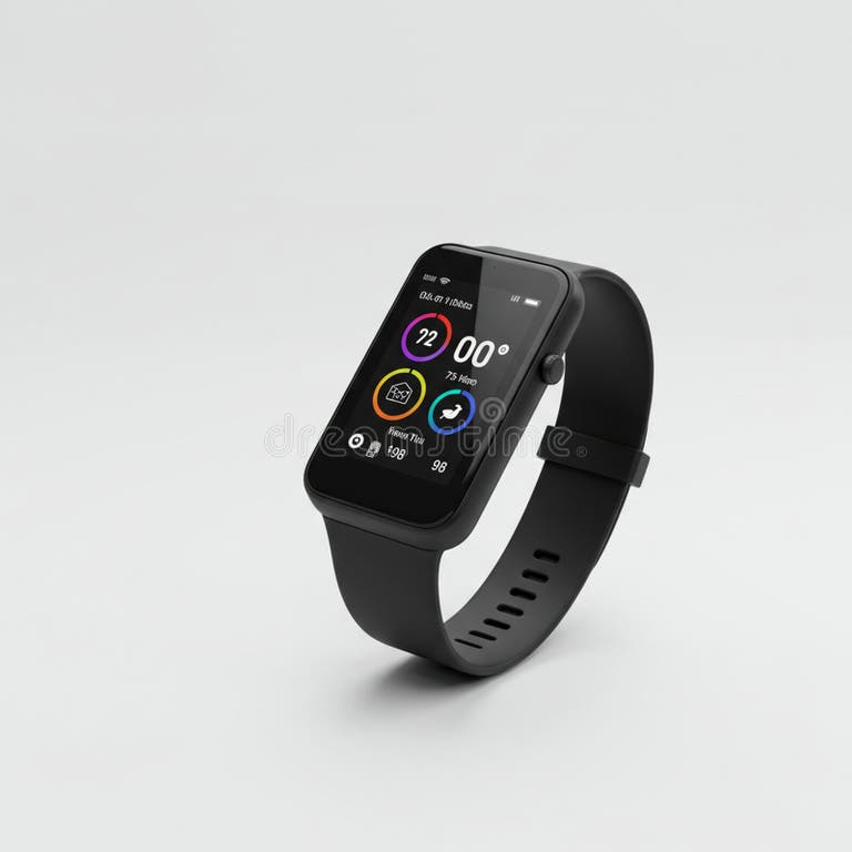 Smartwatch with a Rectangular Black Display Showing Various Health and ...