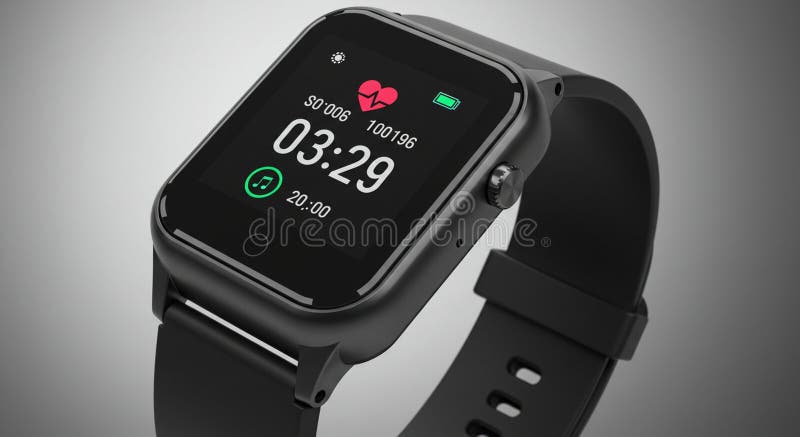 Smartwatch with a Rectangular Black Face and Adjustable Band. Display ...