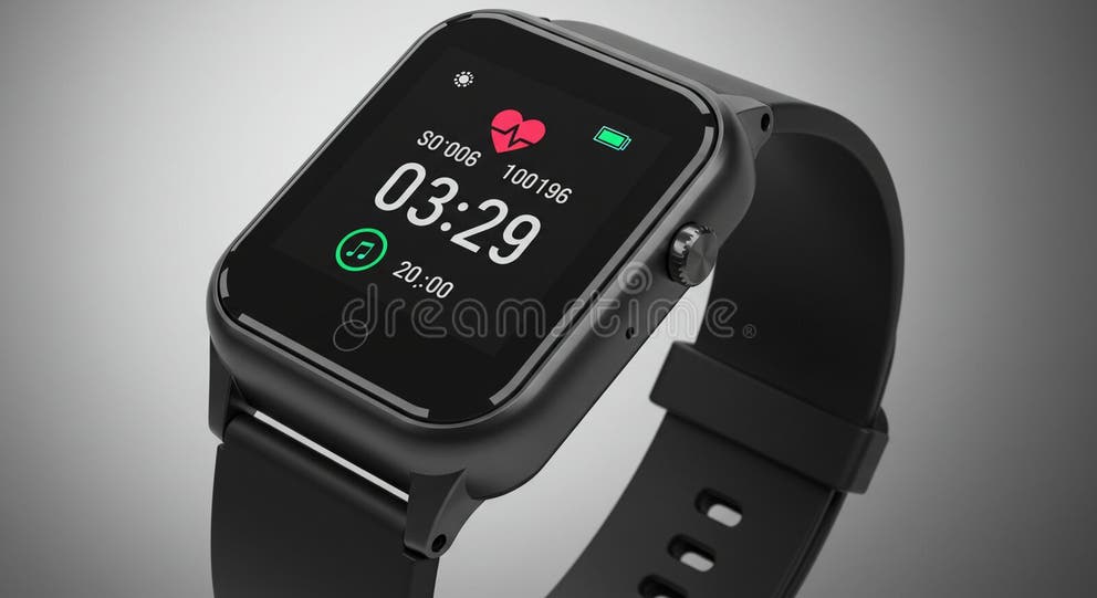 Smartwatch with a Rectangular Black Face and Adjustable Band. Display ...