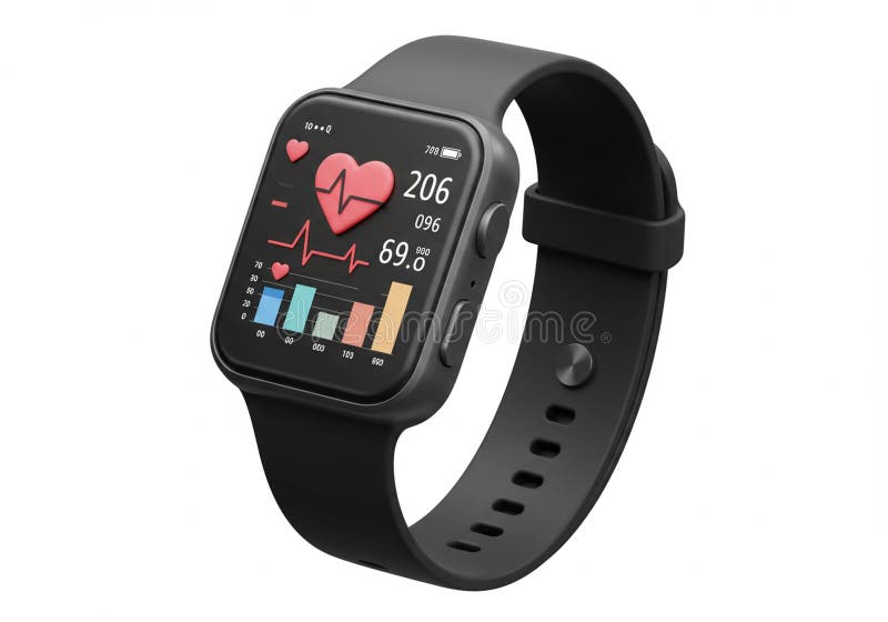 Smartwatch with a Rectangular Black Face and Band. the Screen Displays ...