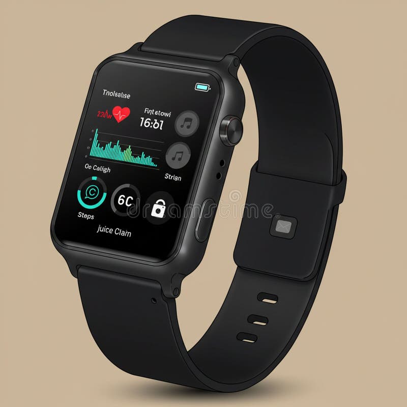 Smartwatch with a Rectangular Digital Display and Black Silicone Strap ...