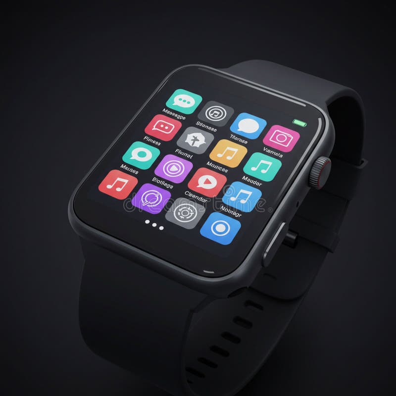 Smartwatch with a Rectangular Display, Featuring Various Colorful App ...