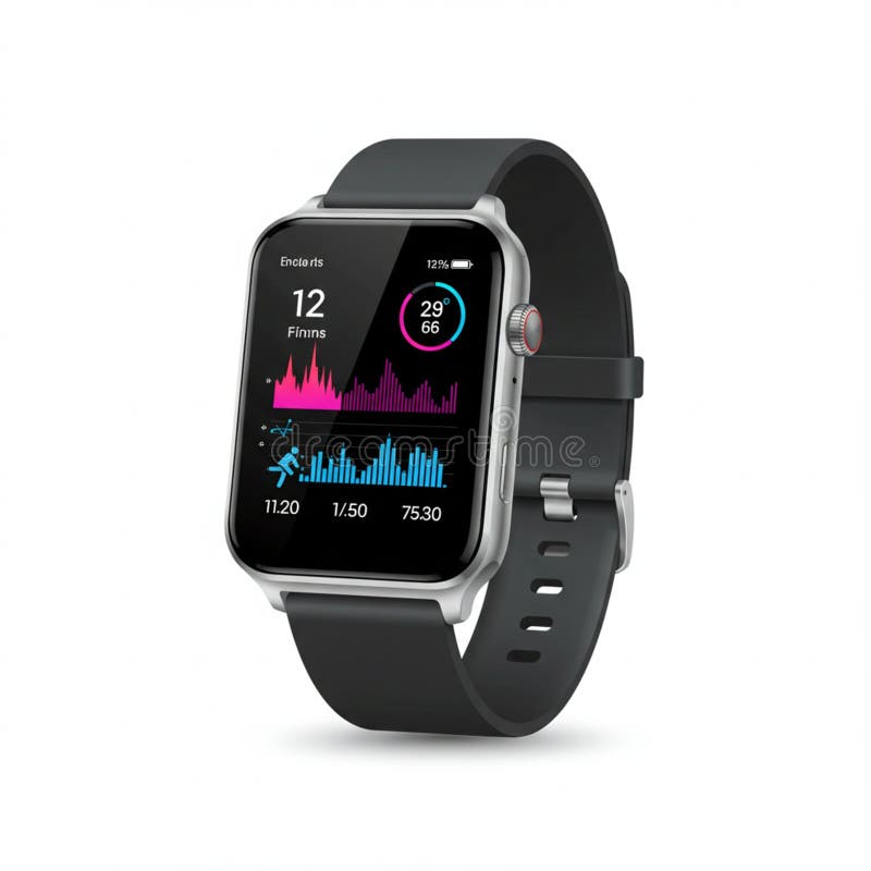 Smartwatch with a Rectangular Face and Black Band. the Display Shows ...