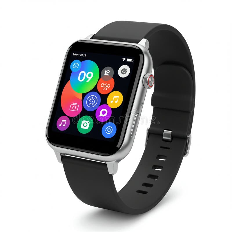 Smartwatch with a Rectangular Touch Screen Displaying Colorful App ...