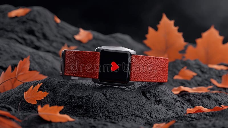 Smartwatch with Red Strap on Dark Surface and Autumn Leaves Modern ...