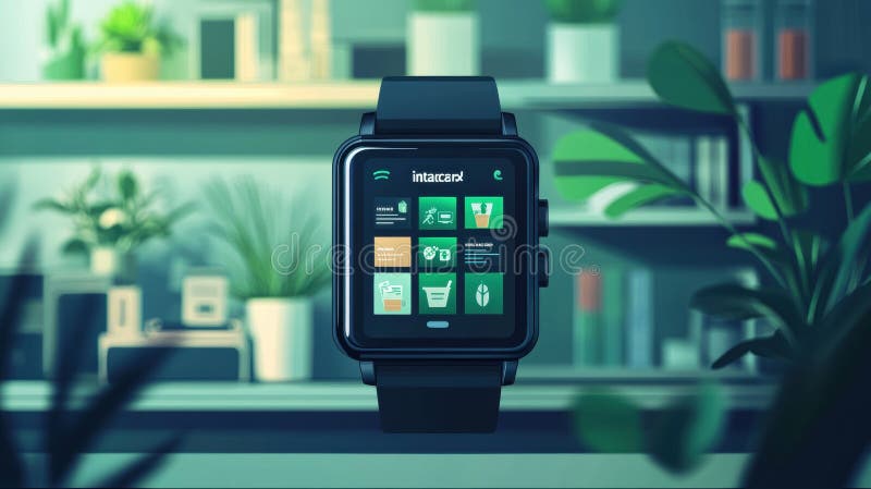 Futuristic Smartwatch Displaying an Ongoing Grocery Order in a Modern Home Setting with Vibrant ...
