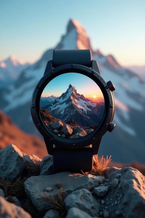 Smartwatch Shows Scenic Mountain Peak during Trek , Smartwatch ...