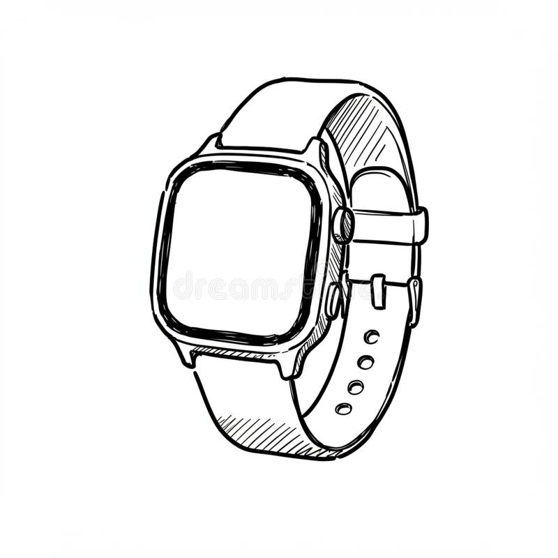 Smartwatch Sketch Featuring a Rectangular Face with Rounded Edges, a ...