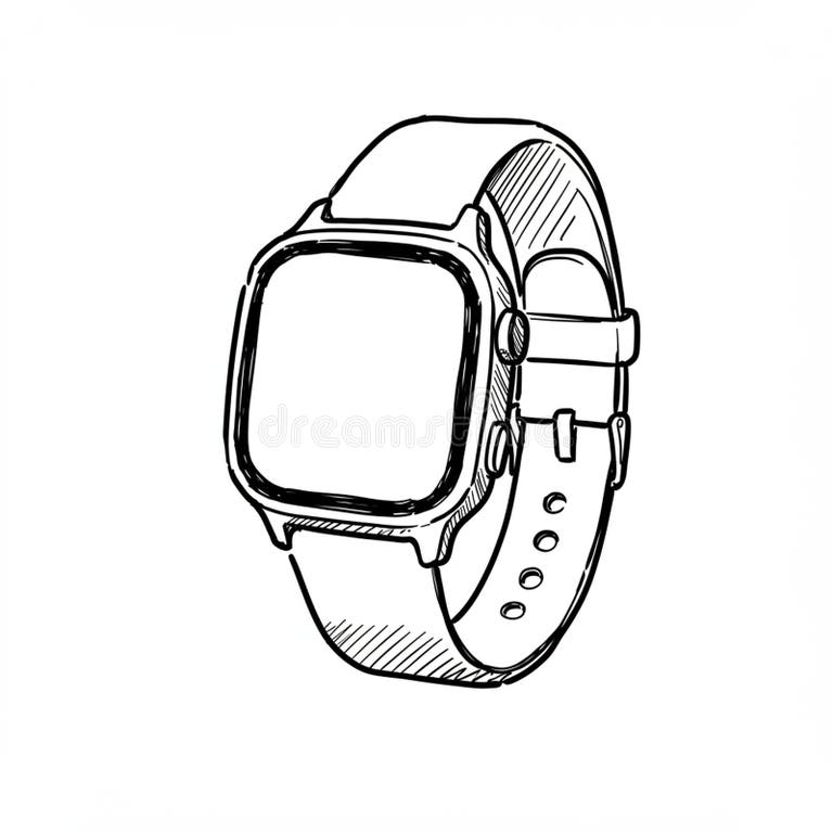 Smartwatch Sketch Featuring a Rectangular Face with Rounded Edges, a ...