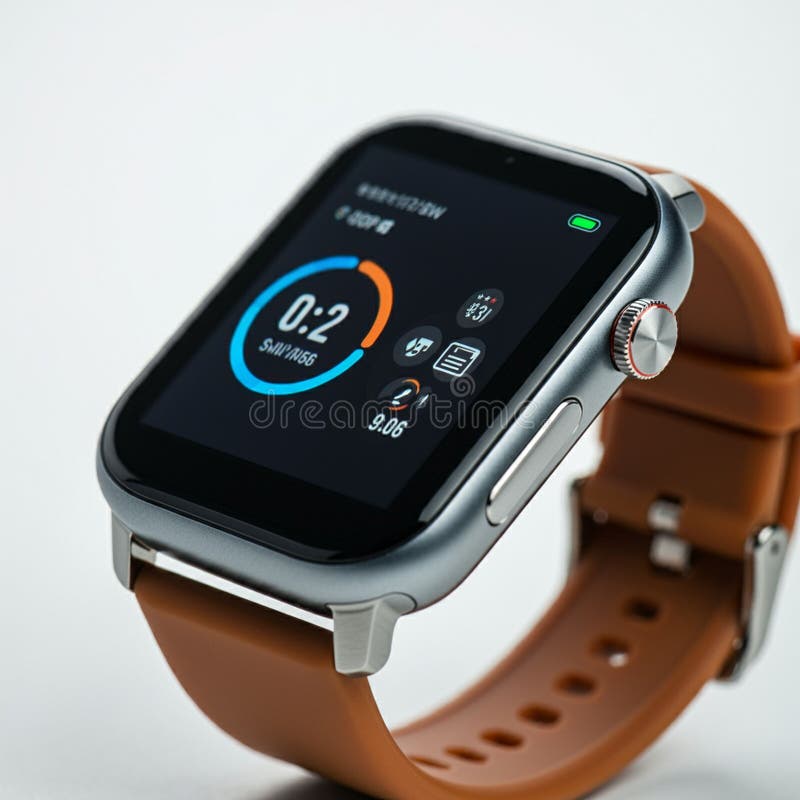 Smartwatch with a Sleek Metallic Frame and a Brown Rubber Strap. the ...