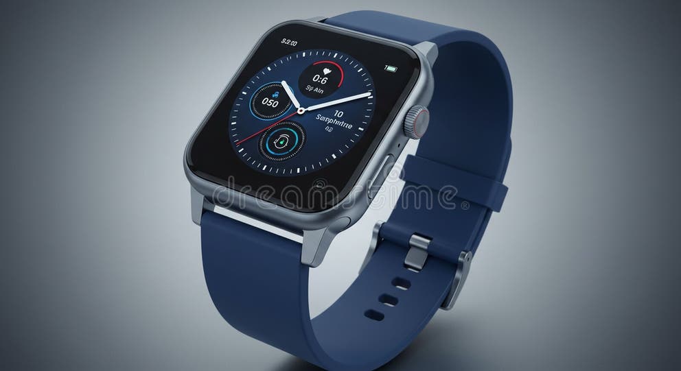 Smartwatch with a Sleek, Rectangular Black Face Featuring Digital Dials ...
