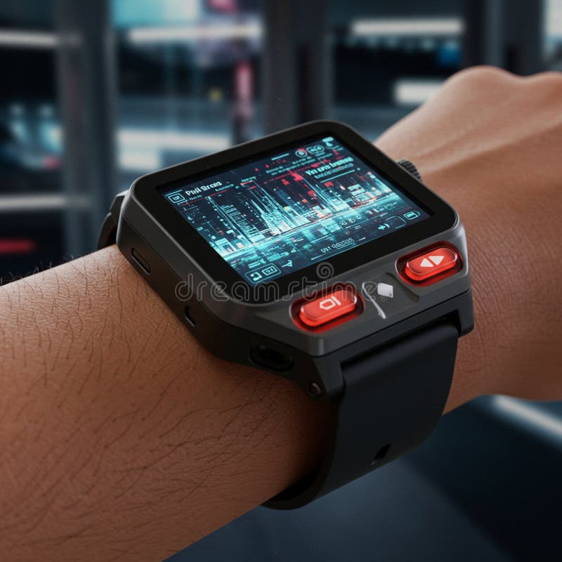 A Smartwatch with a Sleek, Rectangular Design Displaying a High-tech ...
