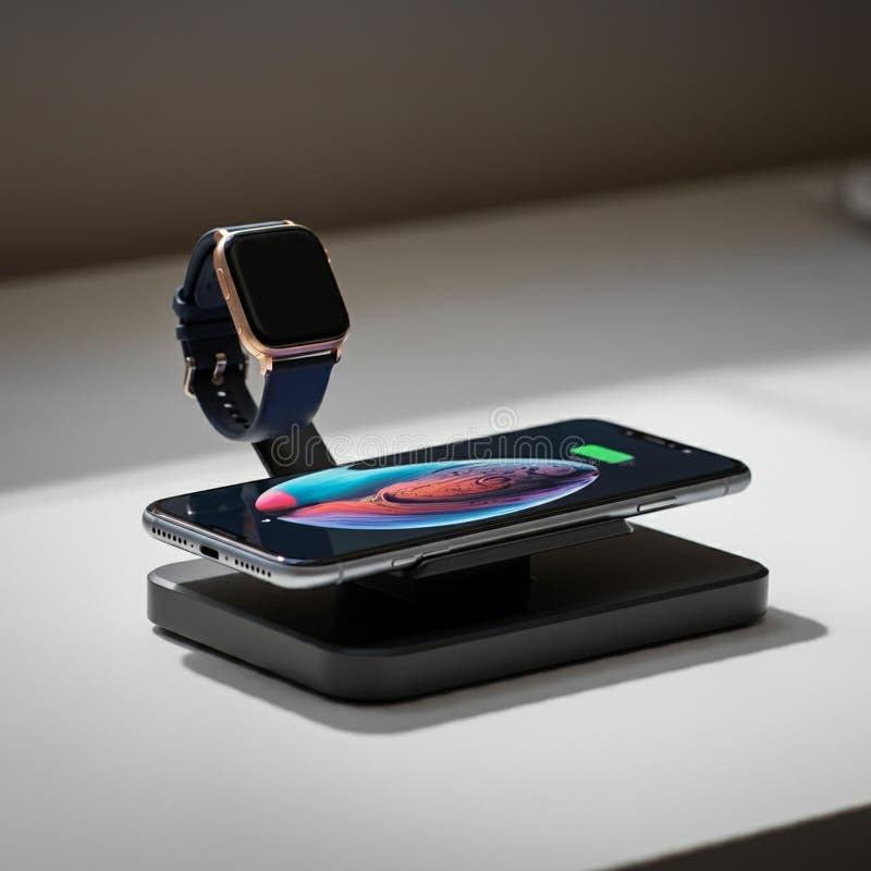 Smartwatch and Smartphone on a Sleek Black Wireless Charging Stand. the ...