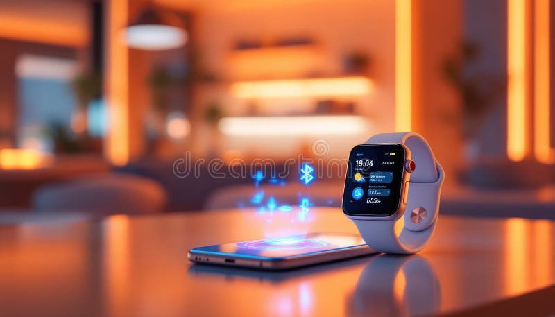Smartwatch and Smartphone Wirelessly Connected in a Modern Home Stock ...