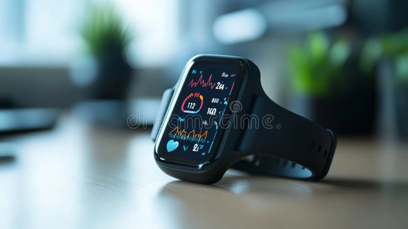 Smartwatch on Table Displaying Health Monitoring Data in Modern Office ...
