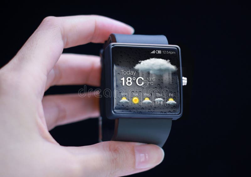 Smartwatch with Weather Icon in Hand. Stock Photo - Image of modern ...