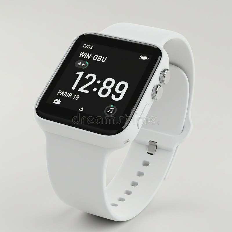 Smartwatch with a White Band and a Square Face, Displaying a Digital ...