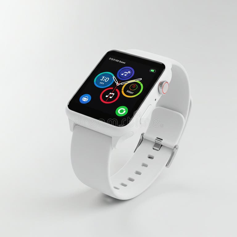 Smartwatch with a White Strap and Rectangular Screen. the Display Shows ...