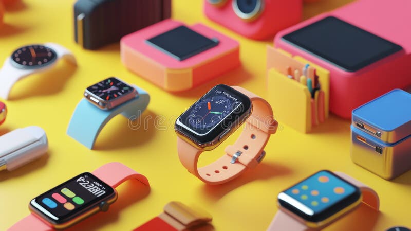 Smartwatches and Gadgets on a Yellow Background Stock Illustration ...