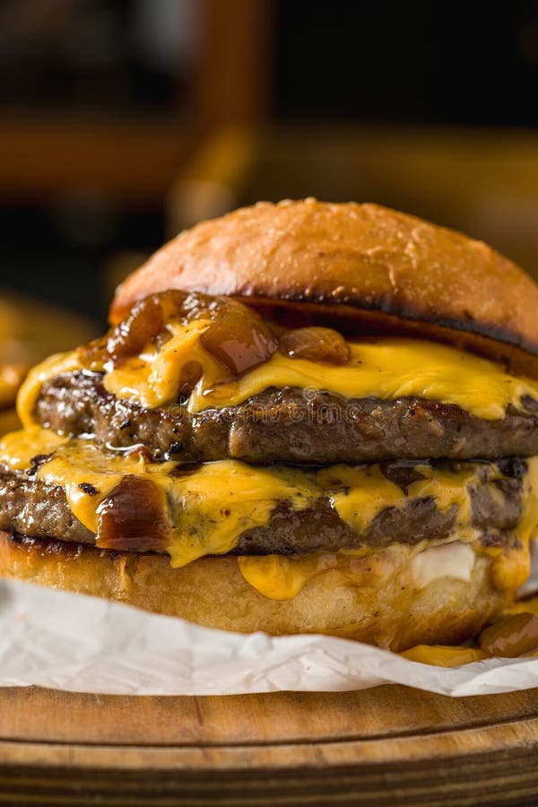Smash Burger with Cheddar Cheese and Caramelized Onions, Served with ...