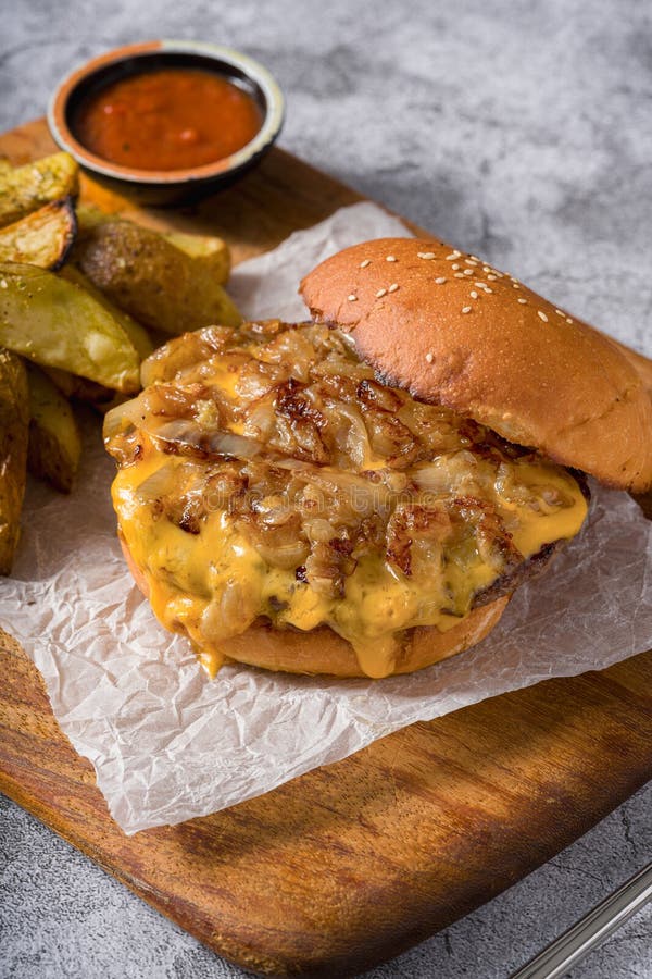 Smash Burger with Cheddar Cheese and Caramelized Onions, Served with ...