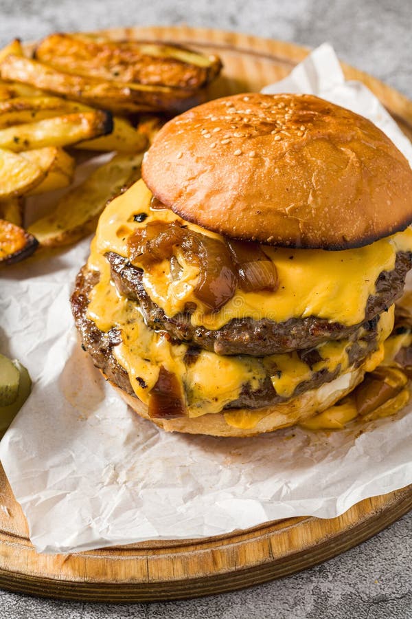 Smash Burger with Cheddar Cheese and Caramelized Onions, Served with ...