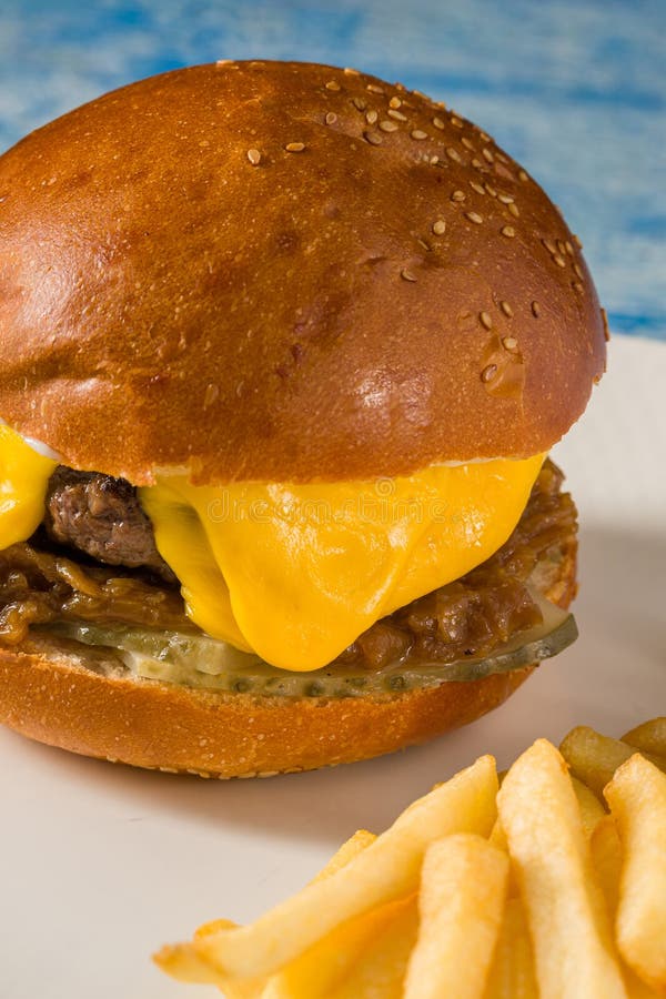 Smash Burger with Cheddar Cheese and Caramelized Onions, Served with ...