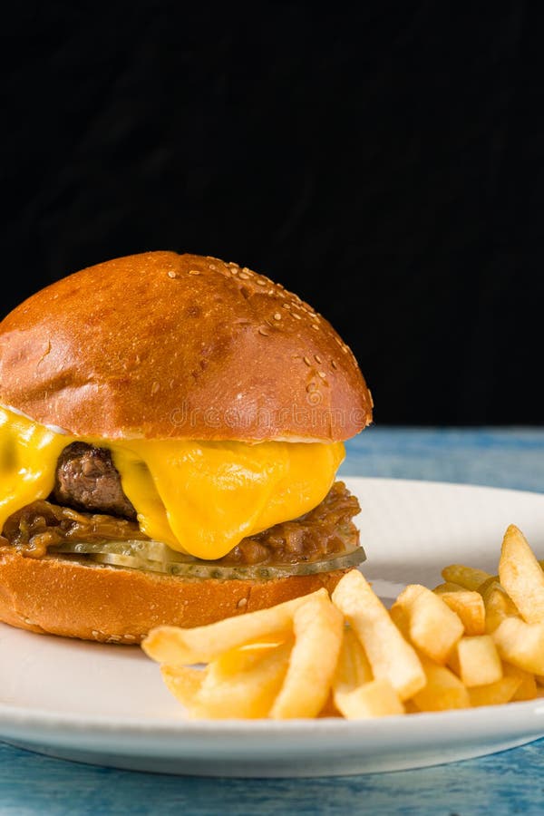 Smash Burger with Cheddar Cheese and Caramelized Onions, Served with ...