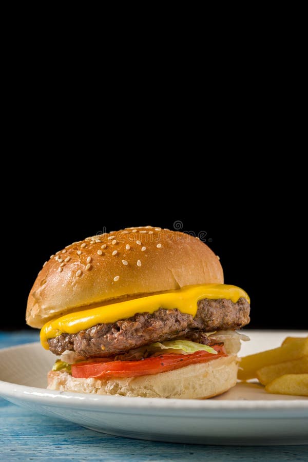 Smash Burger with Fries on a White Porcelain Plate Stock Image - Image ...