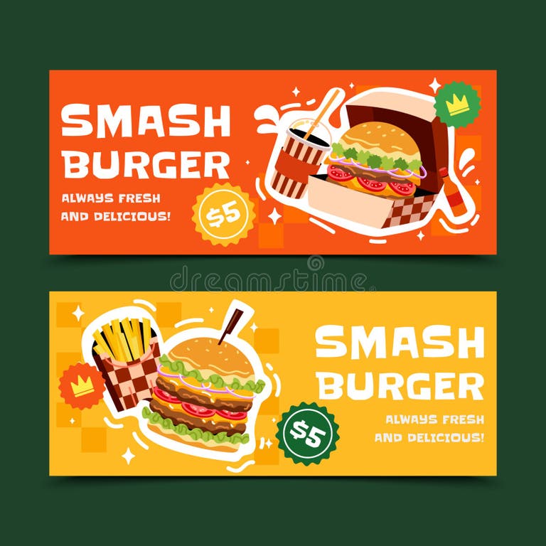 Smash Burger Hand Drawn Flat Banner Horizontal Stock Illustration ...