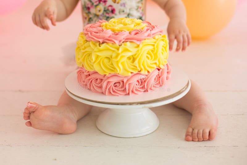 Pink Smash Cake for First Birthday Stock Photo - Image of macaroon ...