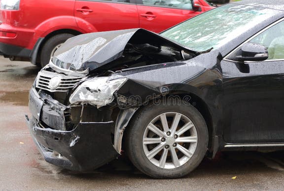 Smashed Black Car after an Accident Stock Photo - Image of ...