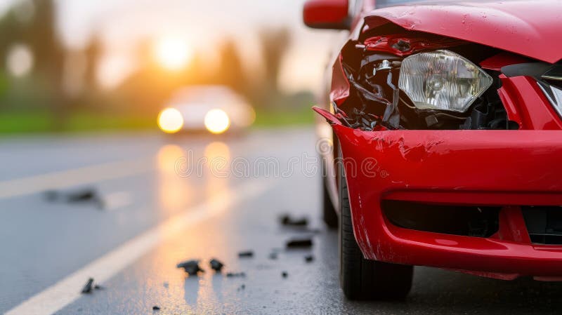 Smashed Front End of Red Car after Road Accident Stock Illustration ...
