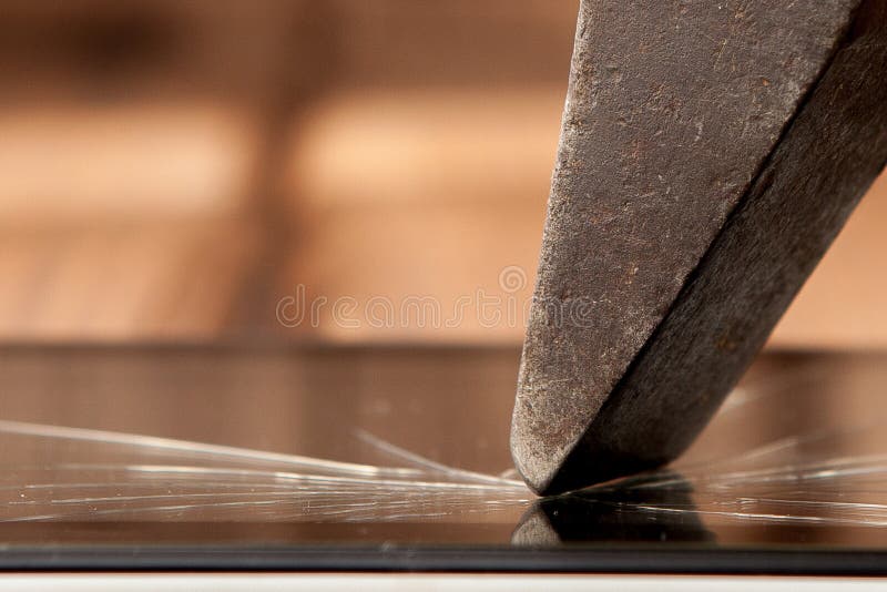 Smashed Screen Vandalised Broken Glass Close Up with Hammer Stock Photo ...