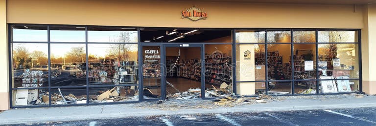 Smashed Storefront with Broken Glass and Debris after a Robbery ...