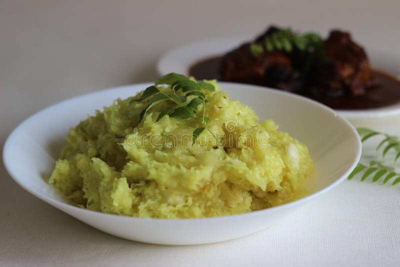 Mashed Tapioca Fish Curry and Chilli Chutney Stock Image - Image of ...