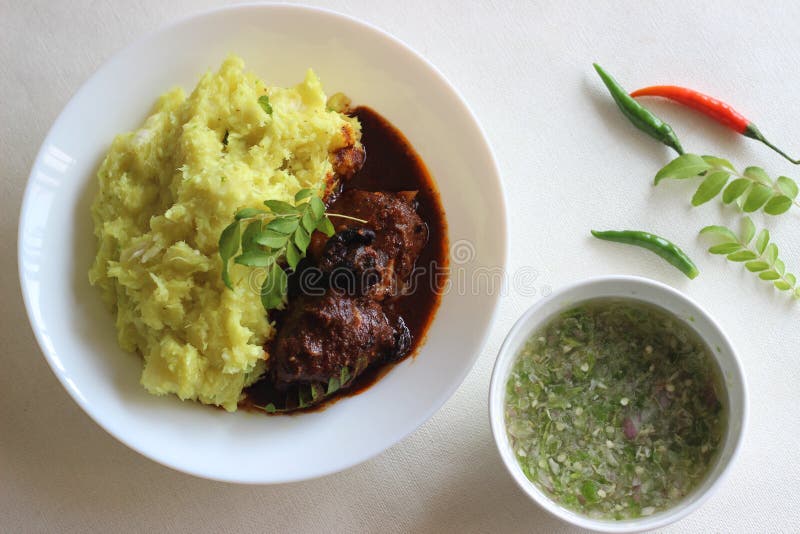 Mashed Tapioca Fish Curry and Chilli Chutney Stock Photo - Image of ...