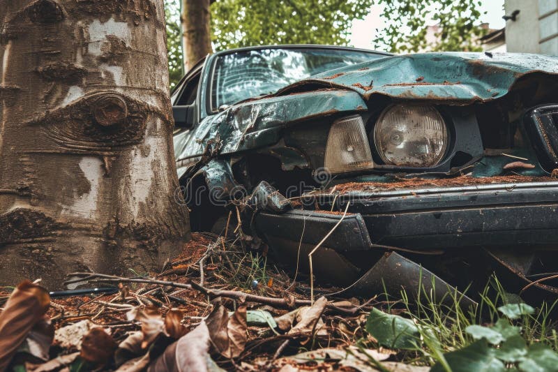 Smashed Vehicle Front End Wrapped Around Tree Stock Photo - Image of ...