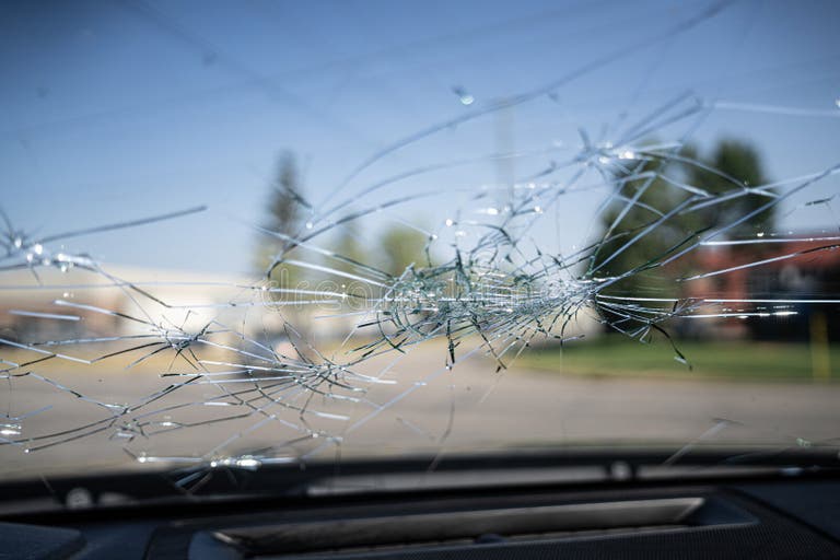 Smashed Vehicle Windscreen with Massive Hailstorm Damage Stock Image ...