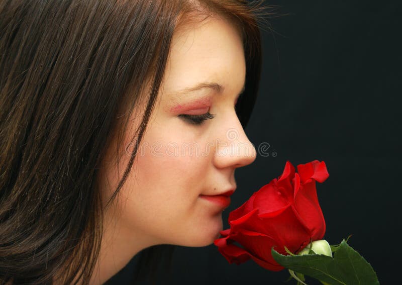 Smelling red roses stock image. Image of profile, roses - 1412041