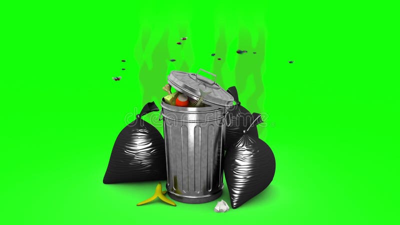 Smelly Trash Can and Garbage Bags. 3D Animation. Green Screen, Loopable ...