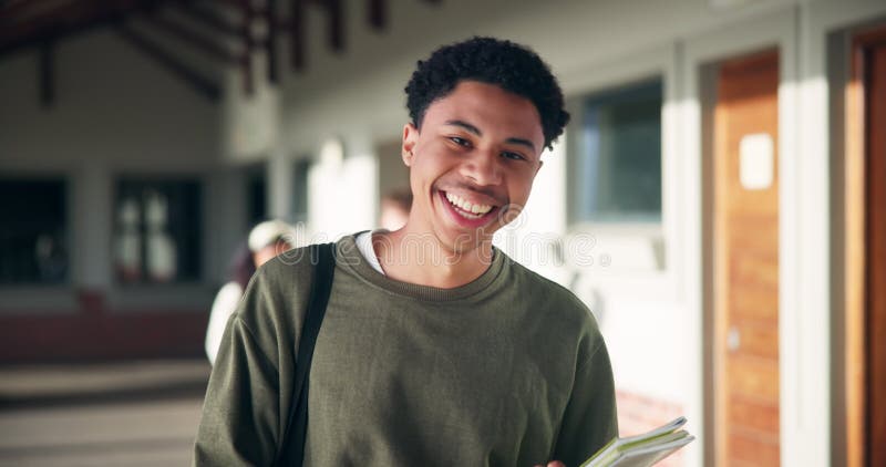 Smile, Boy and Face of Student on High School with Books for Learning ...