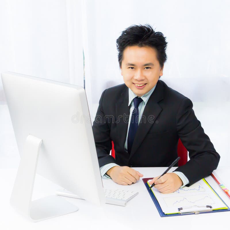 Smile Business Man Working with Desktop Computer Stock Photo - Image of ... Smile Business Man Working with Desktop Computer Stock Photo - Image of ...