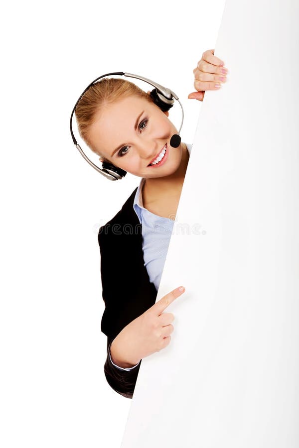 Smile Call Center Woman Holding Empty Banner Stock Image - Image of ...