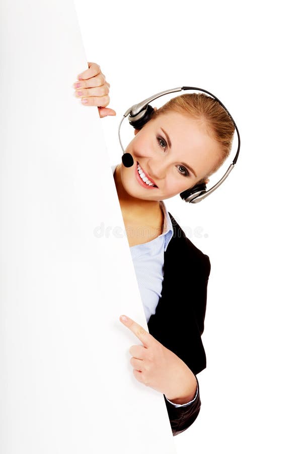 Smile Call Center Woman Holding Empty Banner Stock Image - Image of ...