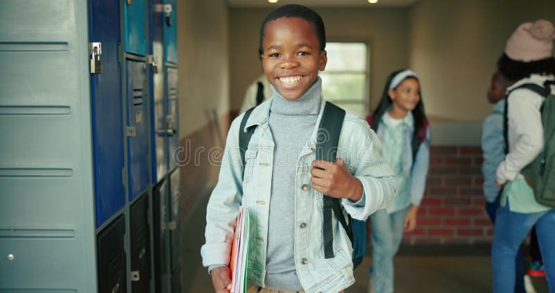 Smile, Child and Portrait of Boy at Locker for Education, Growth or ...