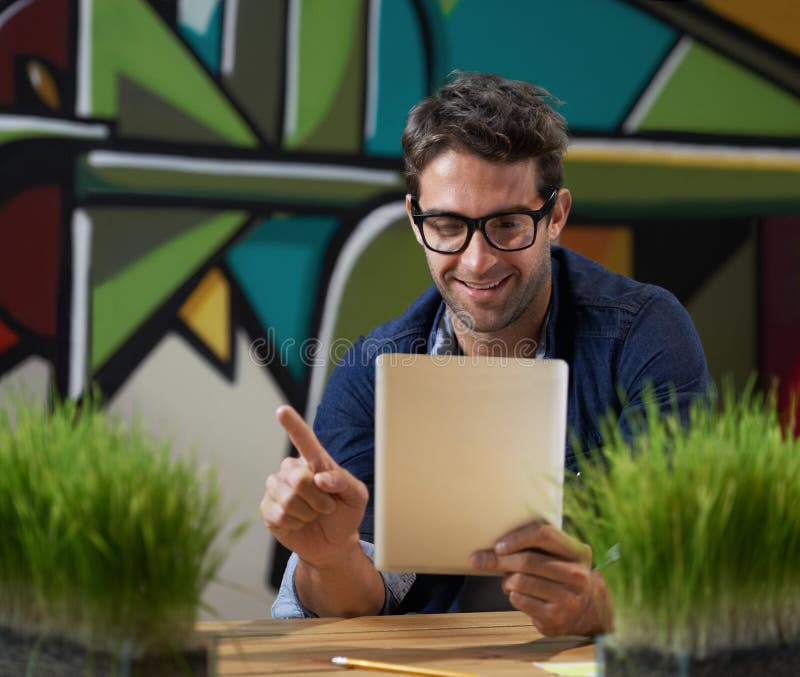 Smile, Creative and Man with Tablet, Reading and Thinking for Solution ...