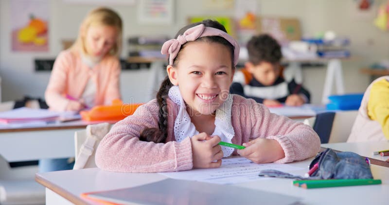 Smile, Education and Study with Girl in Classroom for Learning ...